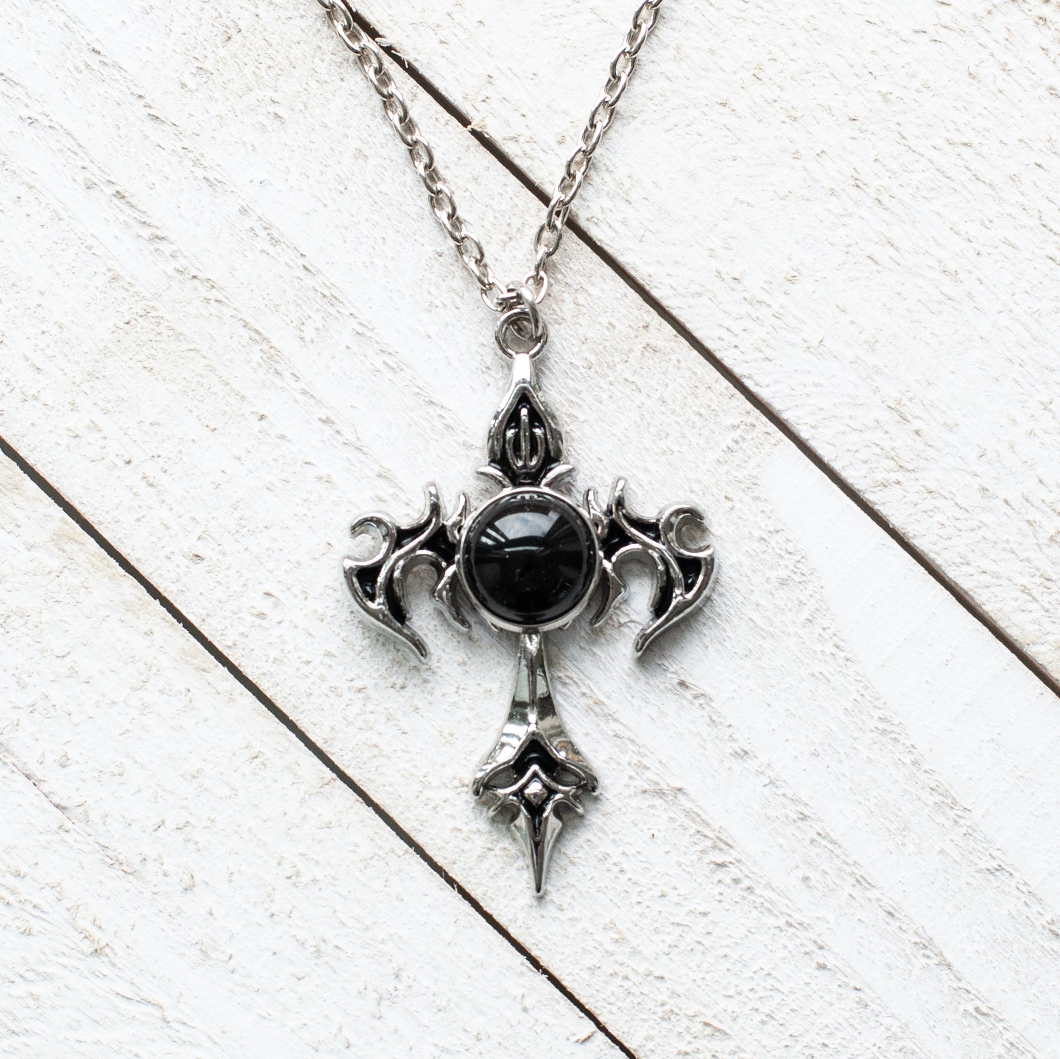Gothic Cross Pendant Necklace with Black Agate Stone-Medieval Jewelry ...