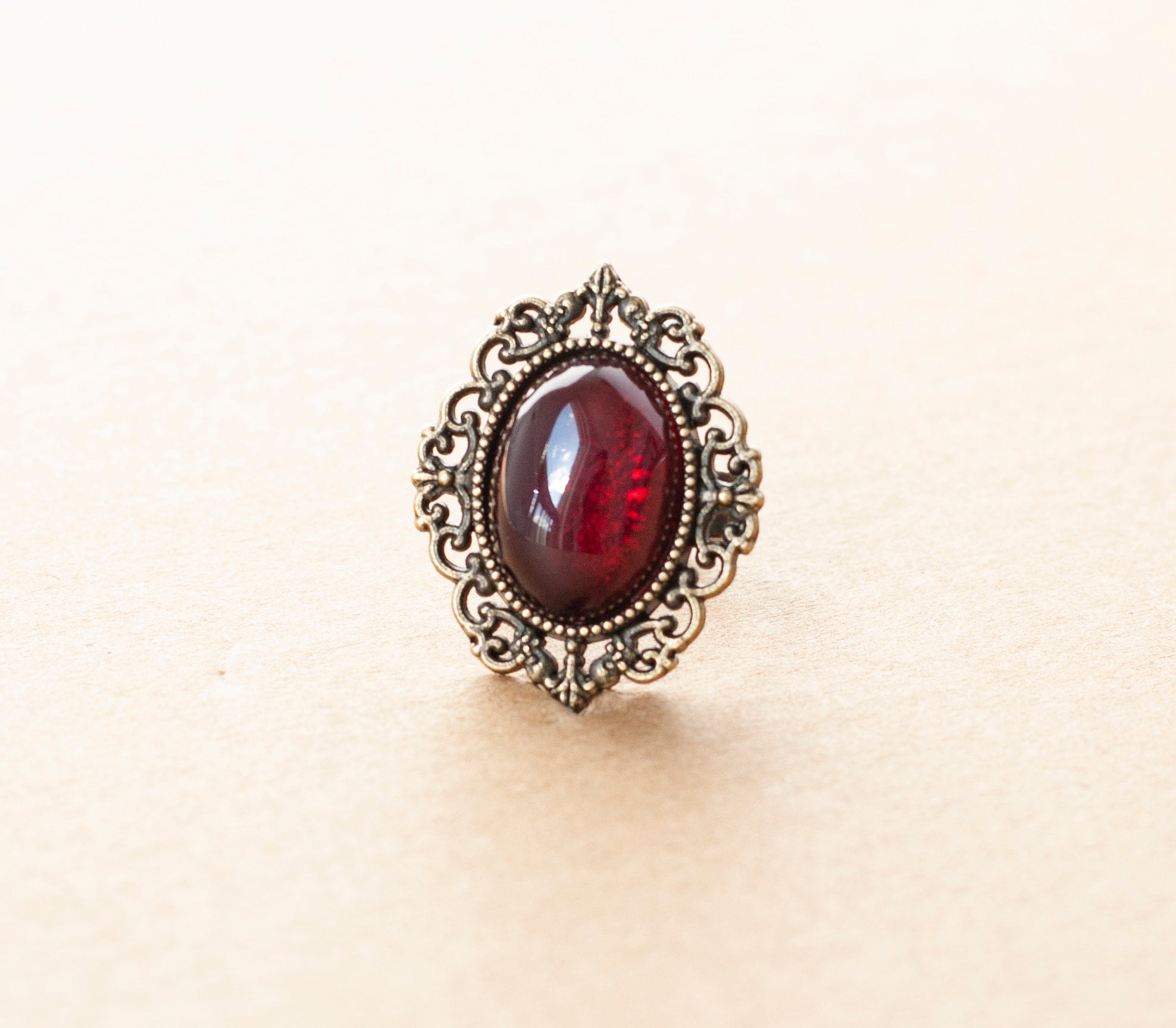 Dark Red Gothic Victorian Ring in Antique Bronze Filigree Setting ...
