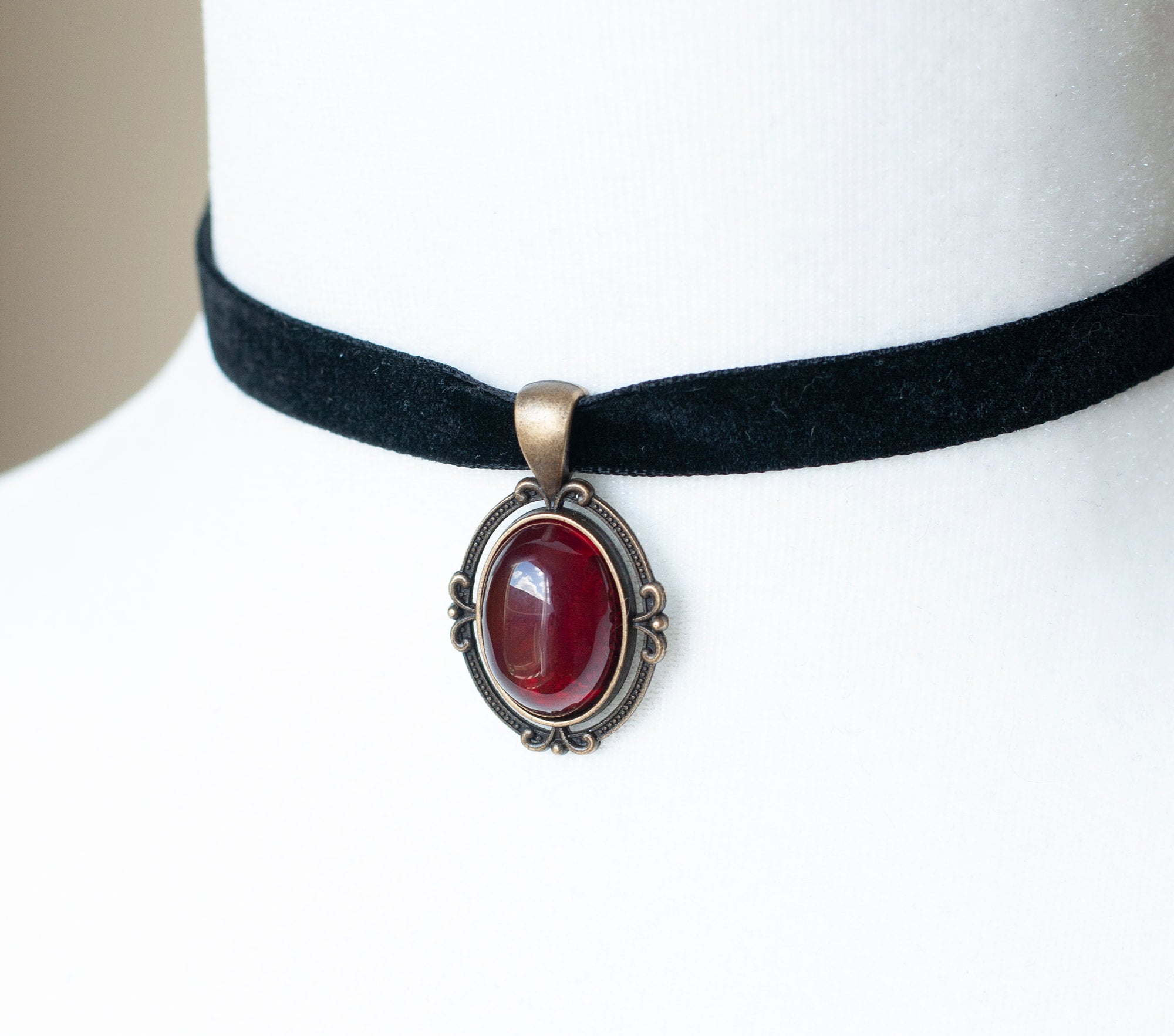 Black Velvet Choker with Dark Red Pendant
