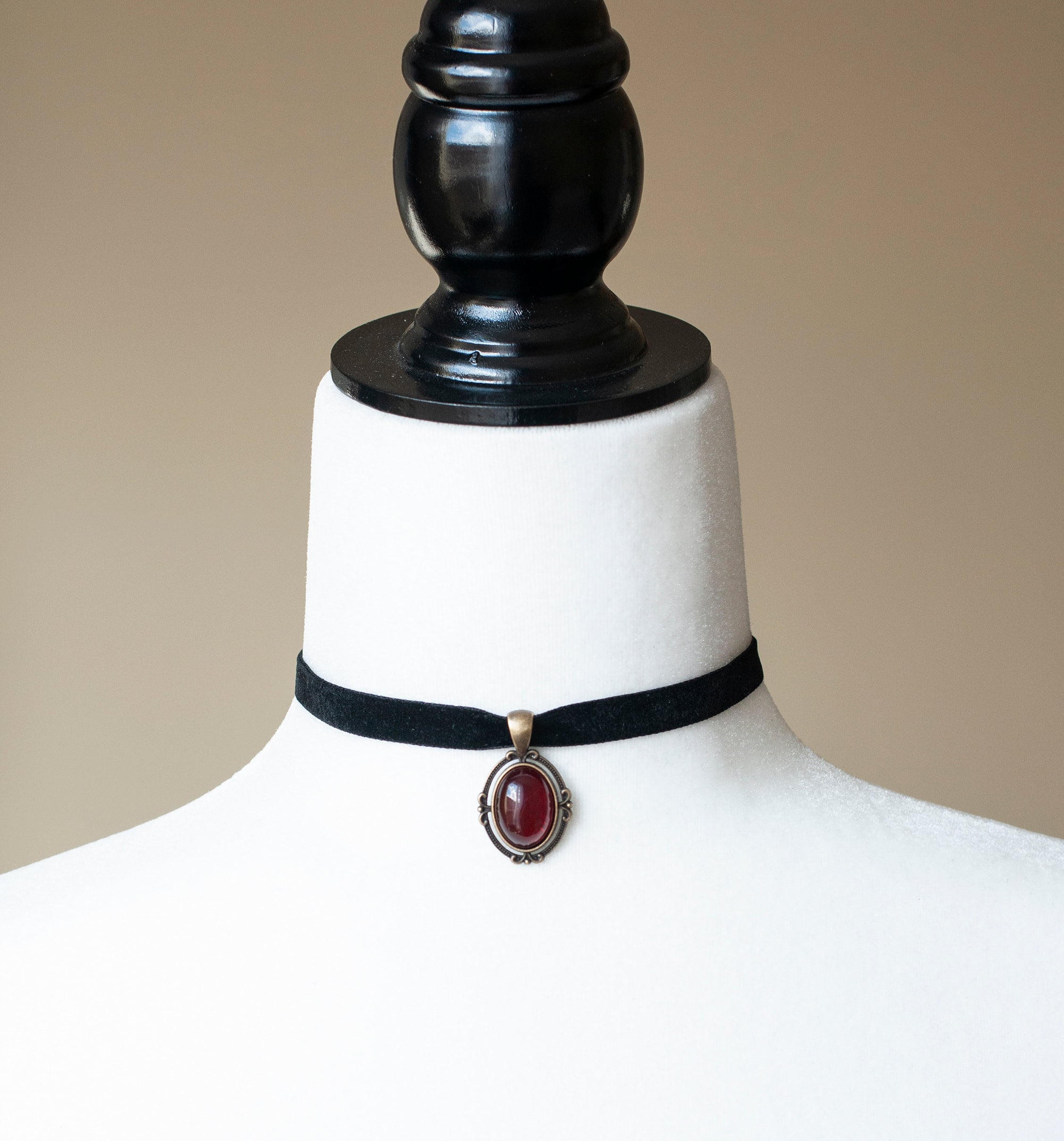 Black Velvet Choker with Dark Red Pendant Decadent Designs
